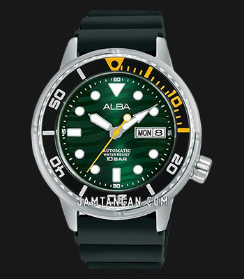 Alba AL4349X1 Automatic Men Green Patterned Dial Black Silicone Strap ...