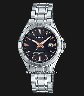 Casio General LTP-1308D-1A2 LTP-1308D-1A2VDF Enticer Ladies Black Dial Stainless Steel Band ...