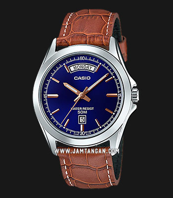 Casio MTP-1370L-2A MTP-1370L-2AVDF Enticer Men Blue Dial Brown Leather ...