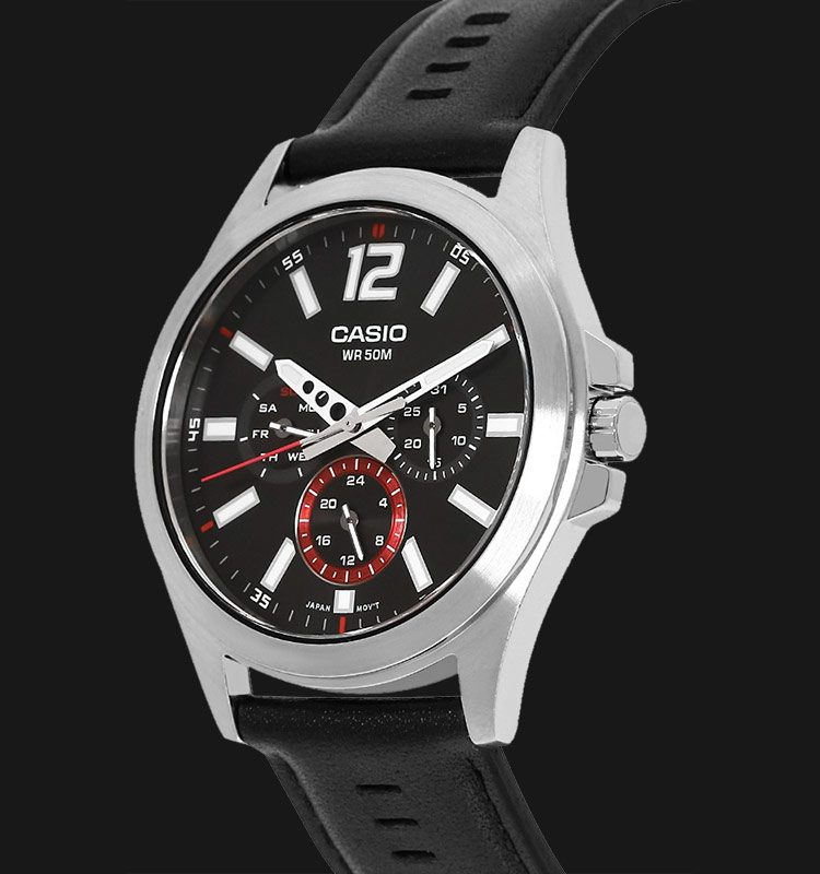 Casio MTP-E350L-1BVDF Men Black Dial Black Leather Strap | Jamtangan.com