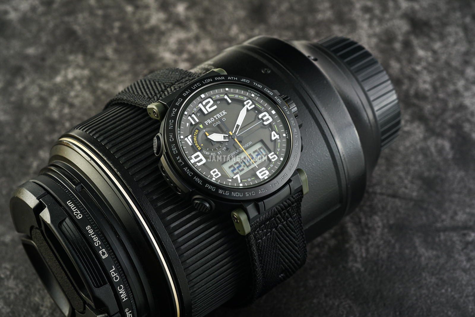 Casio Pro Trek PRG-601YB-3DR Solar Powered Army Green Digital Analog Dial Black Cloth Band ...