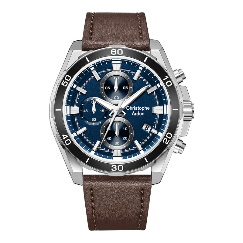 Christophe Arden CA 3003 MD LSSBU Men Chronograph Blue Dial Brown Leather Strap | JAMTANGAN.COM