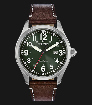 Citizen Eco-Drive BM6838-09X Garrison Men Green Dial Dark Brown Leather ...