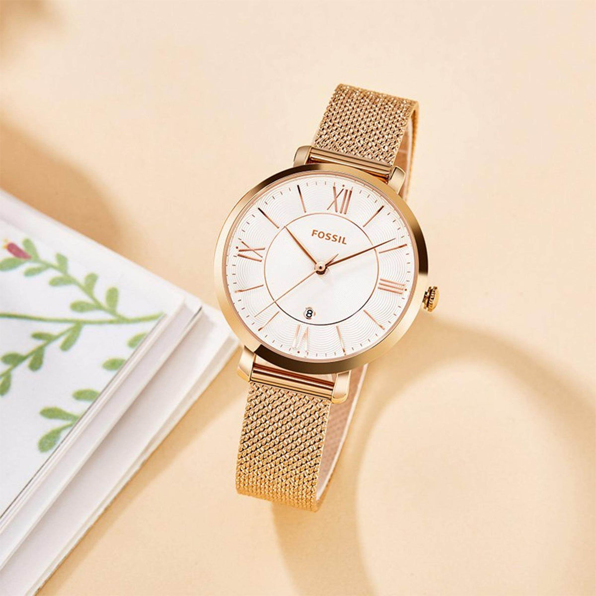 Fossil Jacqueline ES4352 White Dial Rose Gold Mesh Strap | Jamtangan.com
