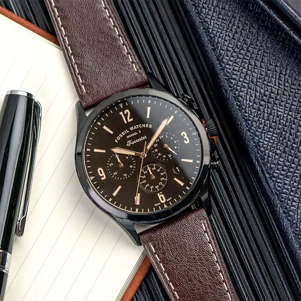 Fossil Forrester FS5608 Chronograph Men Dark Brown Dial Brown Leather ...