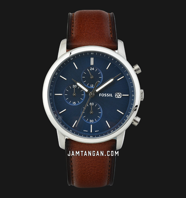 Fossil Minimalist FS5850 Chronograph Men Blue Dial Brown Leather Strap ...