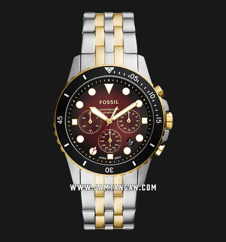 Fossil FB-01 FS5881 Chronograph Men Red Dial Dual Tone Stainless Steel Strap | Jamtangan.com