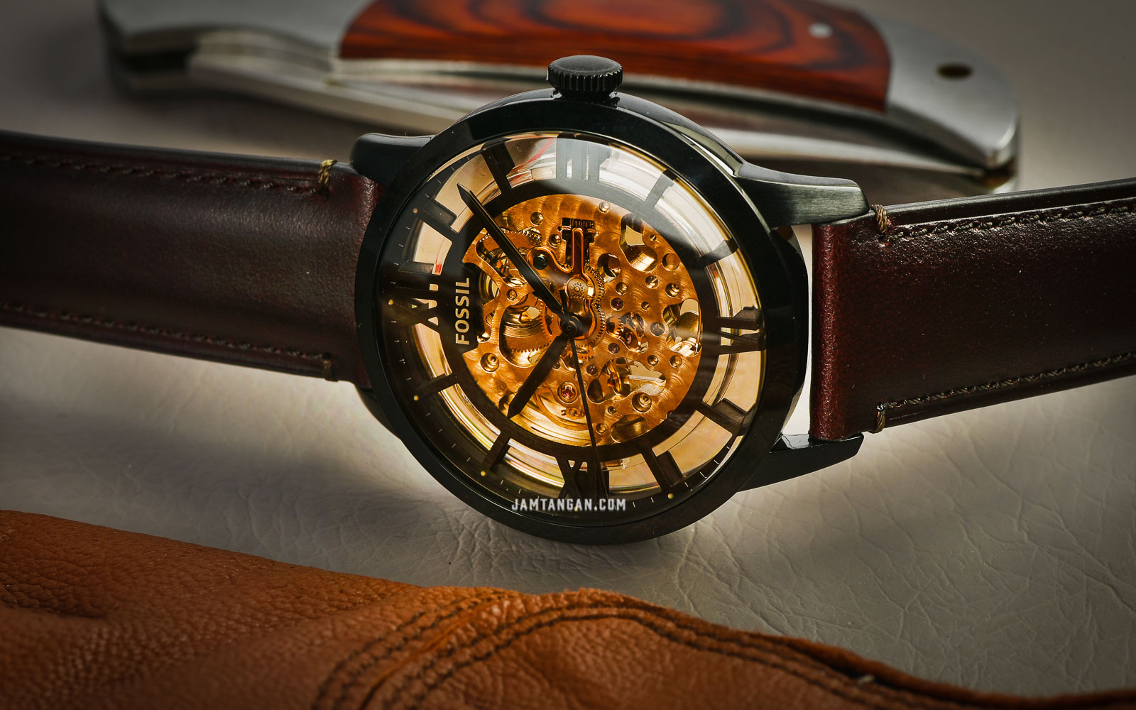 Fossil Townsman ME3098 Brown Skeleton Dial Dark Brown Leather Strap ...