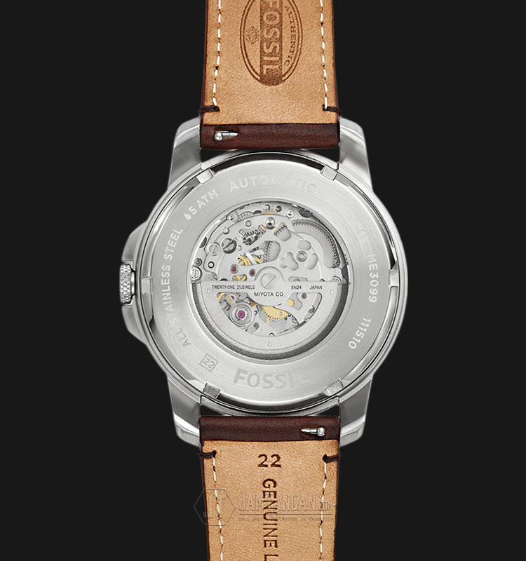 Fossil Grant ME3099 Beige Skeleton Dial Brown Leather Strap | Jamtangan.com
