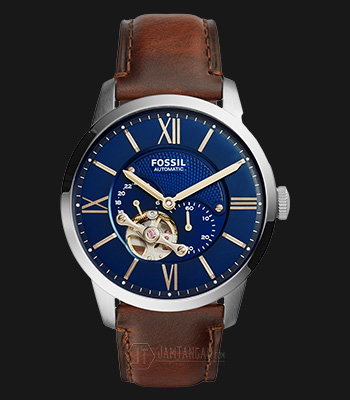 Fossil Townsman ME3110 Men Automatic Open Heart Blue Dial Brown Leather ...
