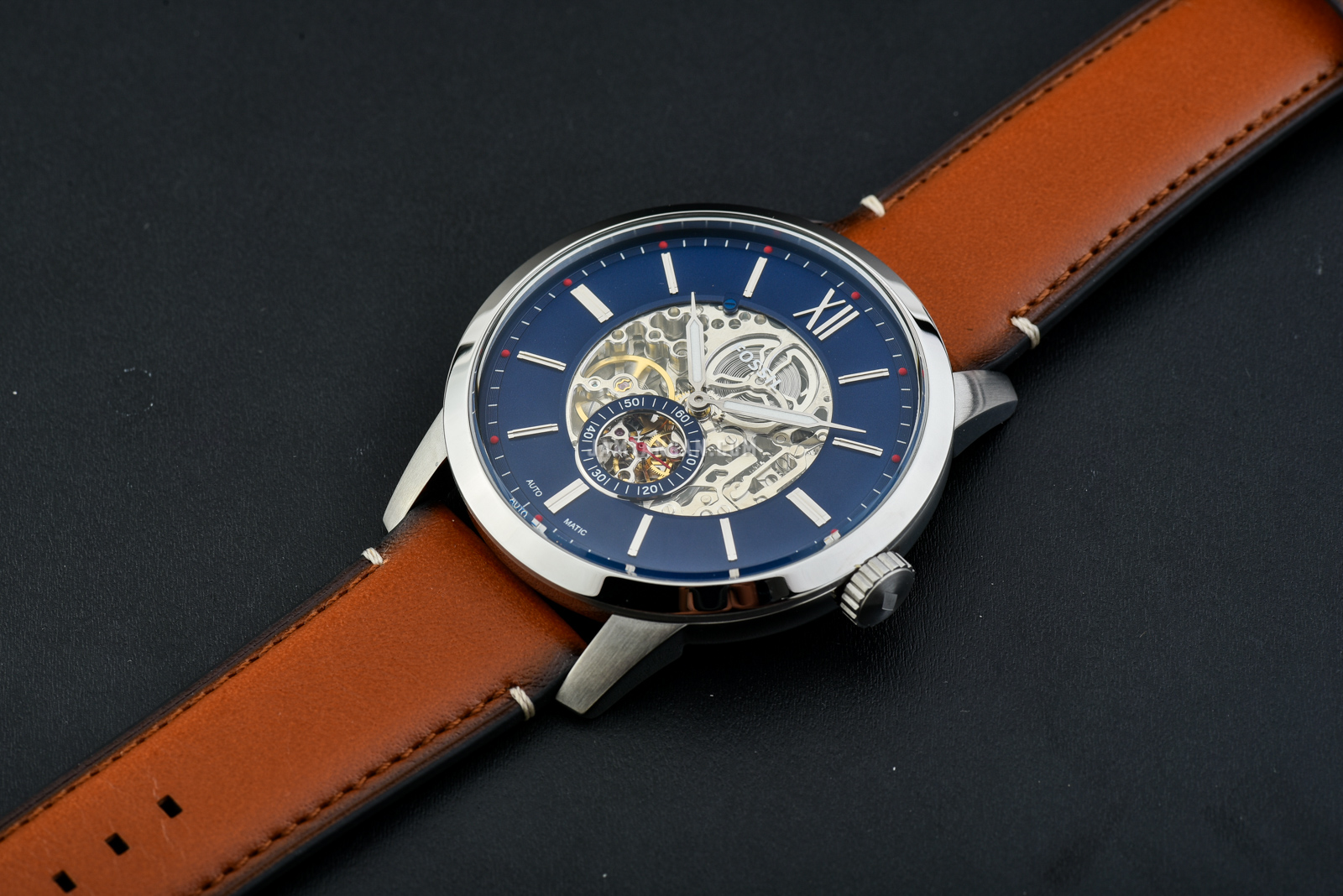 Fossil Townsman ME3154 Automatic Blue Skeleton Dial Light Brown Leather ...