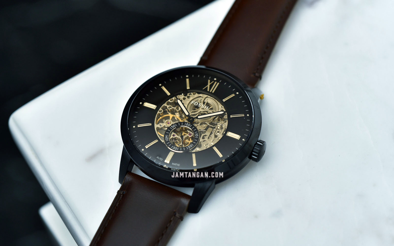 Fossil Townsman ME3155 Automatic Black Skeleton Dial Brown Leather ...