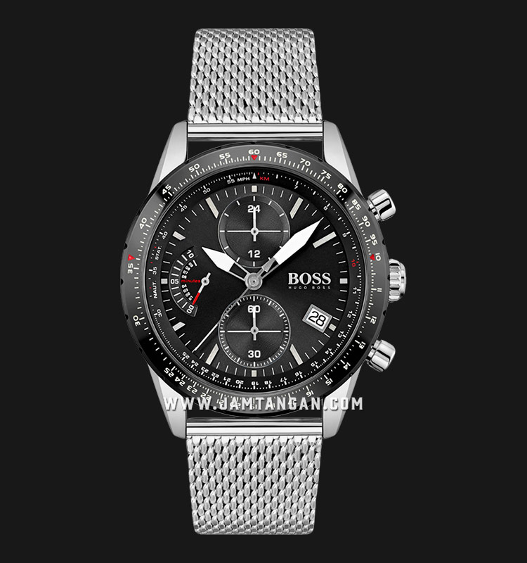 Hugo Boss Pilot 1513886 Chronograph Black Dial Mesh Strap | Jamtangan.com
