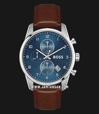 Hugo Boss Skymaster 1513940 Chronograph Blue Dial Brown Leather Strap ...