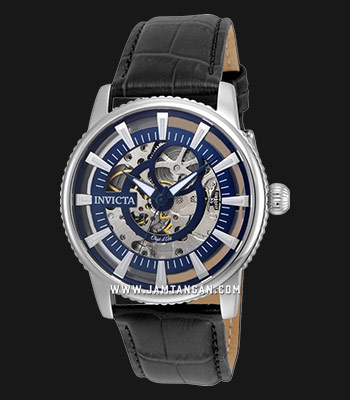 INVICTA Objet D Art 22640 Blue Skeleton Dial Black Leather Strap ...