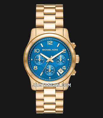 Michael Kors Runway MK7353 Ladies Chronograph Blue Dial Gold Stainless ...