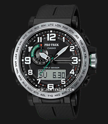 Casio Pro Trek PRG-601-1 PRG-601-1DR Solar Powered Black Digital Analog Dial Black Soft Urethane ...