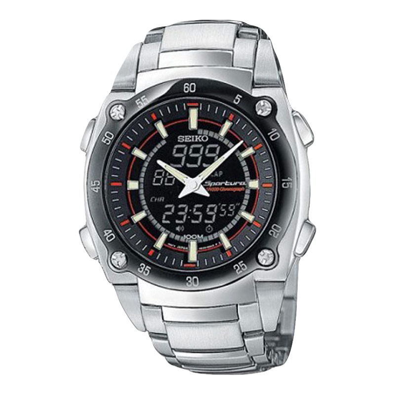 Seiko Sportura SNJ019 Black Digital Analog Dial Stainless Steel Strap ...