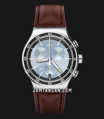 Swatch Irony YVS429 Stock Xchange Chronograph Blue Dial Brown Leather ...