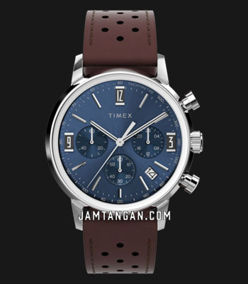 Timex Marlin TW2W10200 Chronograph Tachymeter Blue Dial Brown Leather Strap | JAMTANGAN.COM