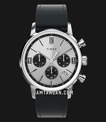 Timex Marlin TW2W10300 Chronograph Tachymeter Silver Dial Black Leather ...