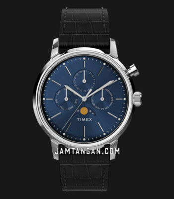 Timex Marlin TW2W51200 Moon Phase Multifunction Blue Dial Black Leather ...