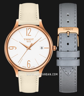 TISSOT T-Lady T103.210.36.017.00 Bella Ora Round White Dial White Leather Strap + Extra Strap ...